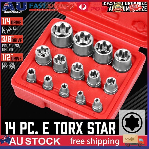 14Pc E Torx Socket Set Female Start Bit External Hex Torque E4-E24 With ...