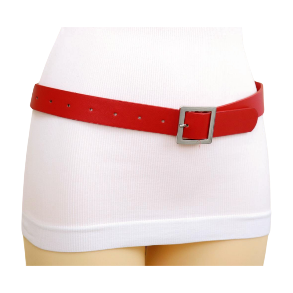 Women Red Faux Leather Skinny Classy Fashion Belt Silver Square Metal ...