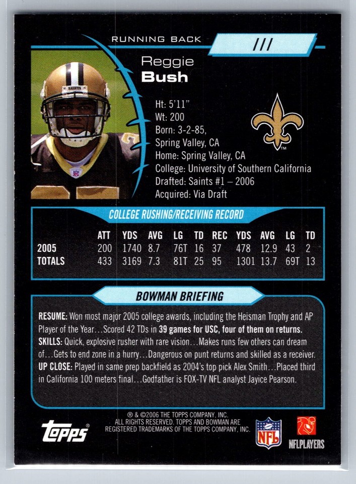 2006 Bowman #111 Reggie Bush Rookie Card Saints | eBay