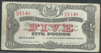 NORTHERN IRELAND £5 POUNDS 1942 BELFAST BANKING COMPANY LTD P#127b VF ...