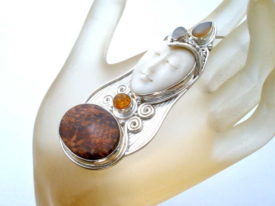 Sajen Carved Face Pendant Brooch Necklace Multi Gemstone Goddess ...