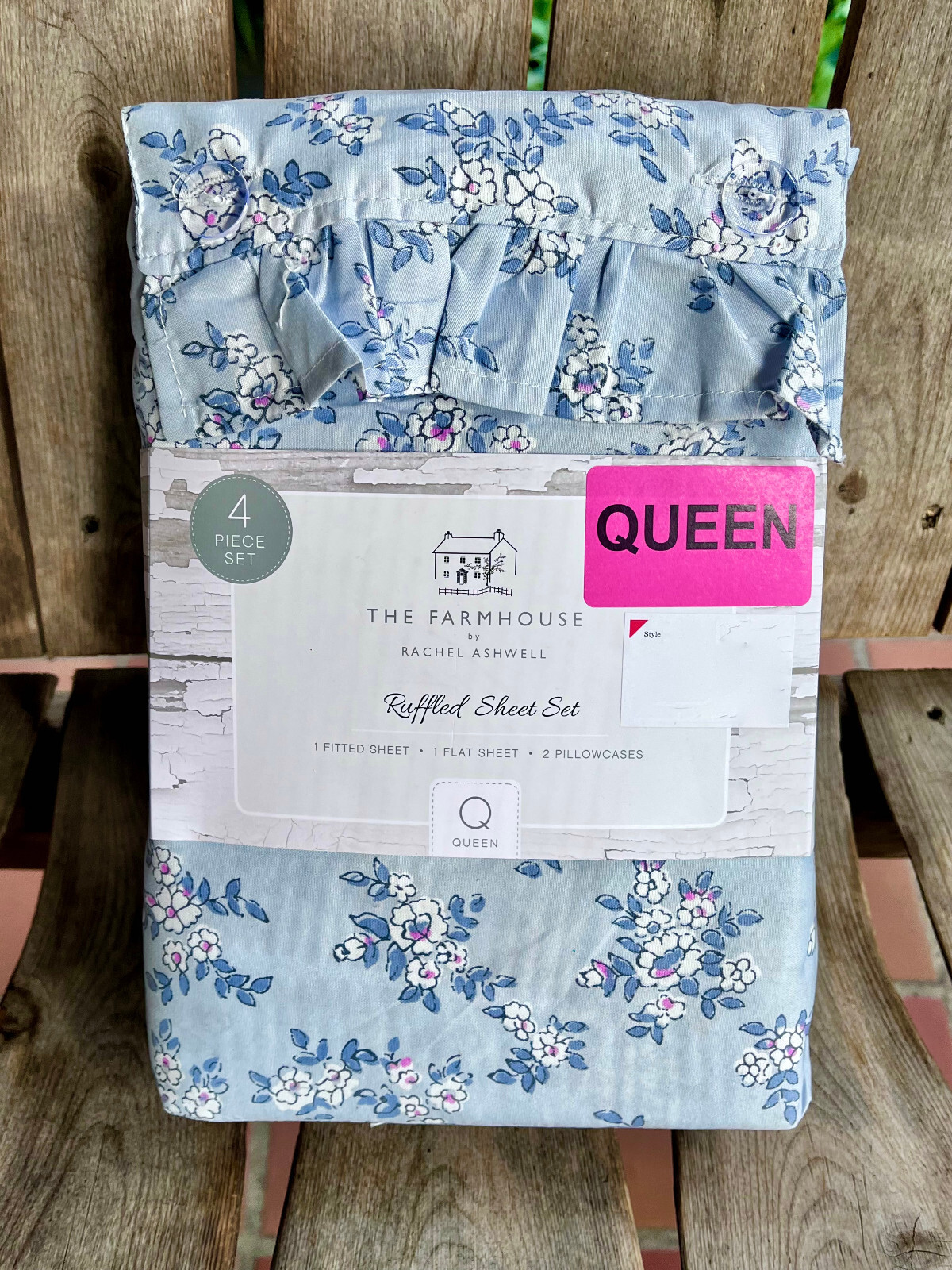 FARMHOUSE Shabby Chic RUFFLED BLUE FLORAL Sheet Set Queen (BLUE BKGD ...