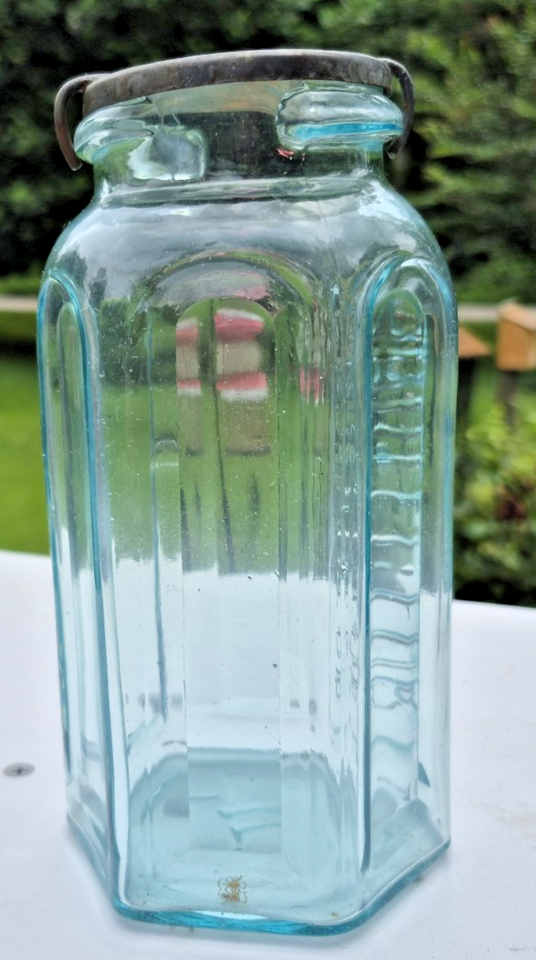 PROTECTOR 6-Sided Recessed Panel Quart Fruit Jar ~ Aqua | eBay