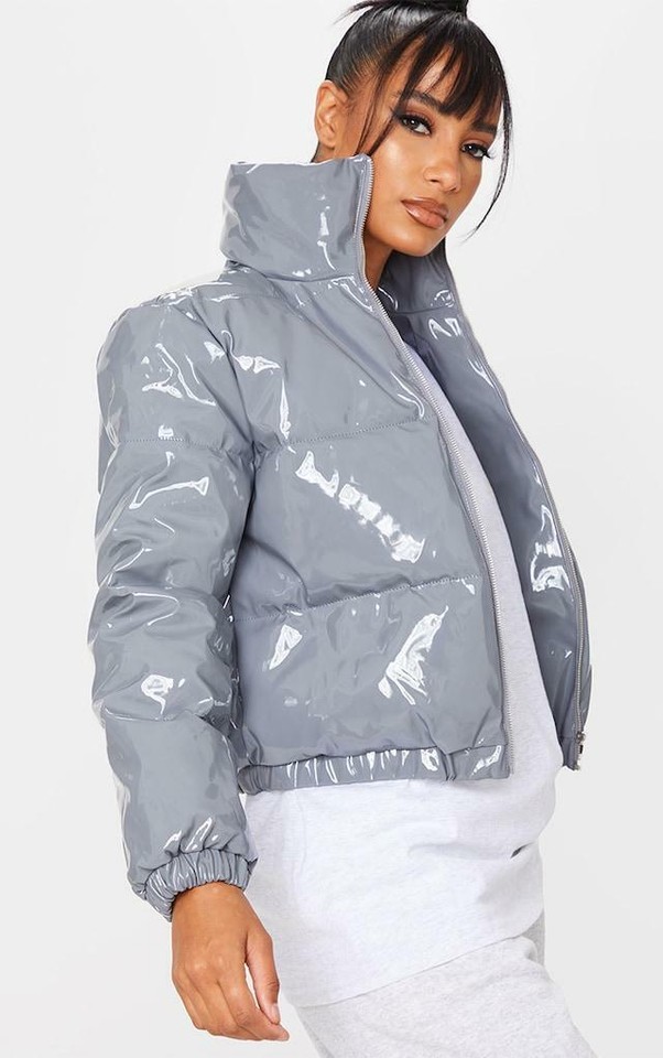 Women Shiny Wet Look Vinyl Thick Puffer Padded Quilted Cropped Short ...