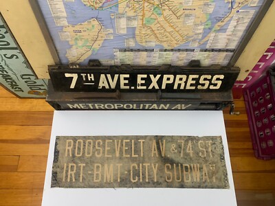 NY NYC PRIMITIVE BUS ROLL SIGN ROOSEVELT AVENUE 74 STREET IRT BMT CITY ...