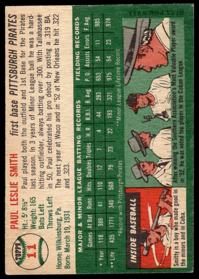 1954 Topps Paul Smith VG (Wrinkle) RC Pittsburgh Pirates #11 | eBay