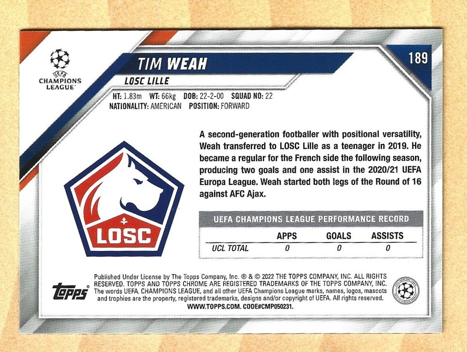 2021-22 Tim Weah Topps Chrome Card #189 | eBay