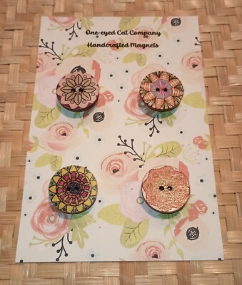 Handcrafted Magnet Set Of 4 Wooden Boho Bohemian Buttons Unique | eBay