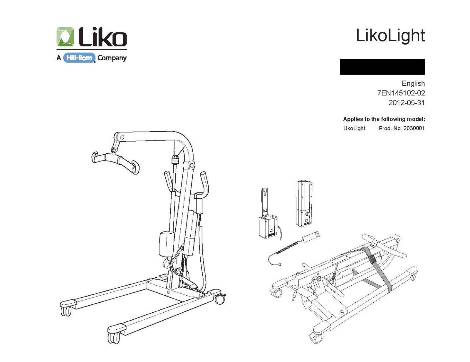 LIKO LIGHT 2030001 (Hoyer Type) BATTERY POWER PATIENT LIFT W/ CHARGER ...