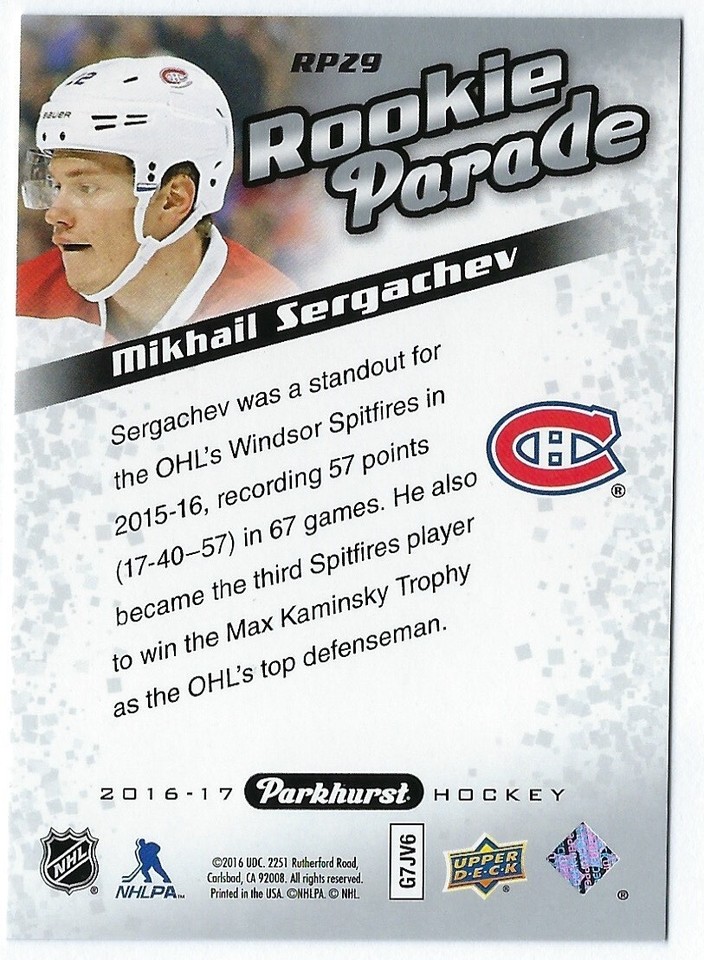 2016/17 Parkhurst Rookie Parade card# RP29 of Mikhail Sergachev | eBay