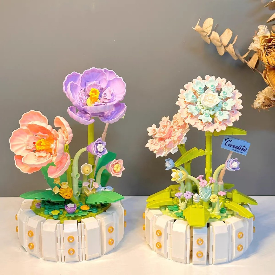 Flower Bouquet Building Blocks Rose Sunflower Violet Plant Bonsai Model ...