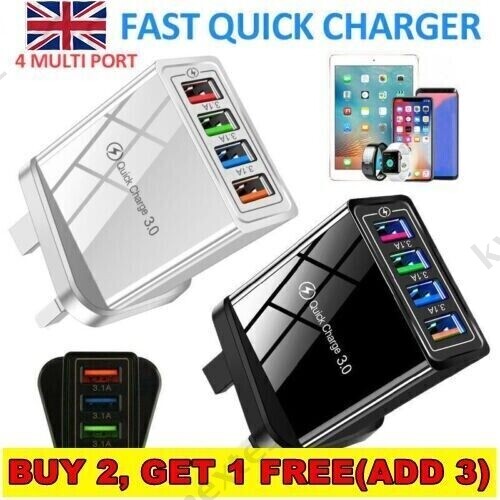 4 Multi-Port Fast Quick Charge USB Hub Mains Wall Charger UK Plug ...