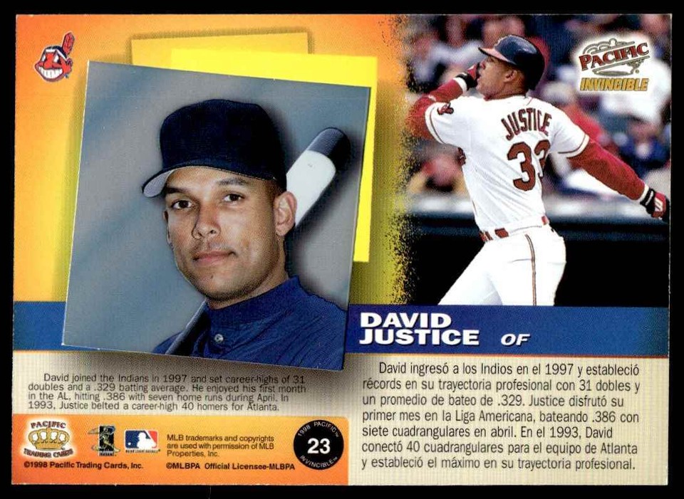 1998 Pacific Invincible David Justice Cleveland Indians #23 | eBay