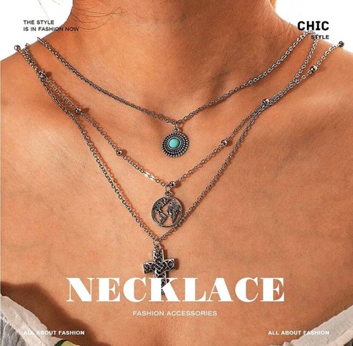 Jovono Boho Layered Turquoise Pendant Necklaces Silver Cross Map ...