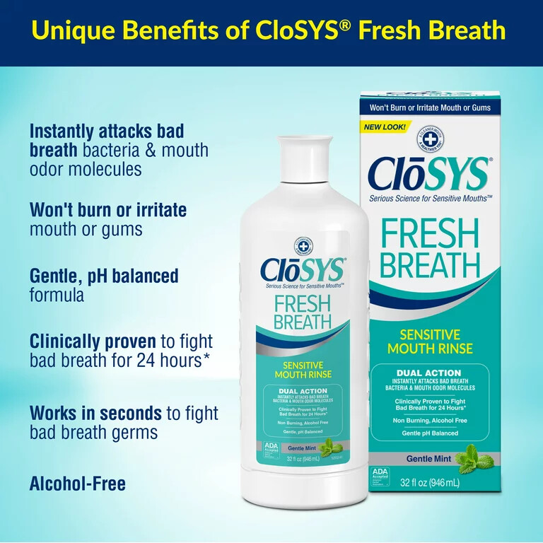 CloSYS Sensitive Fresh Breath Mouthwash, Gentle Mint, 32oz. Choose ...