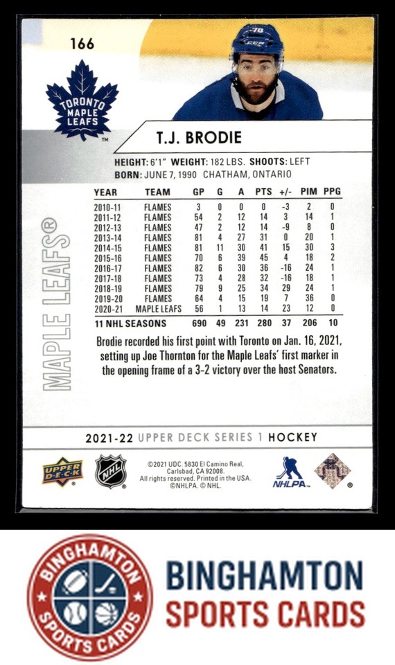 2021-22 Upper Deck #166 T.J. Brodie Toronto Maple Leafs | eBay