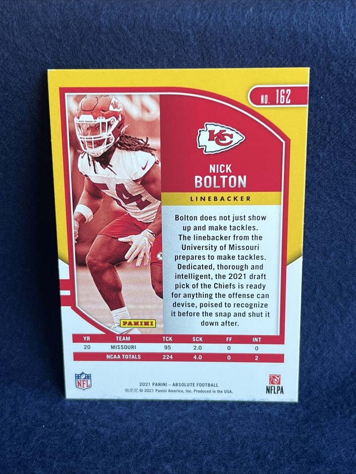 2021 Panini Absolute Football Nick Bolton #162 Rookie Card Kansas City ...