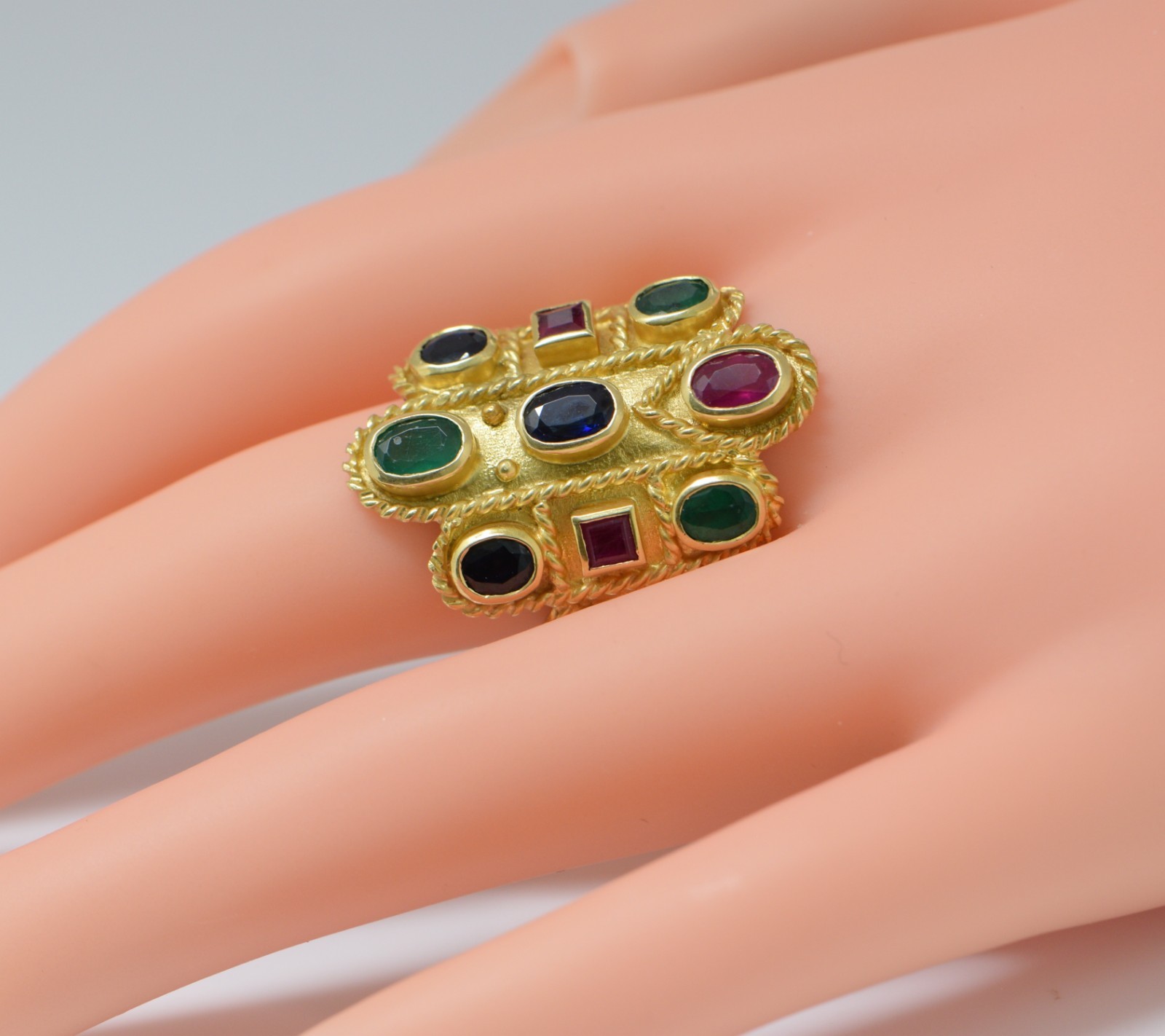18K Yellow Gold Neo-Roman Emerald, Ruby & Sapphire Ring, Size 9 | eBay