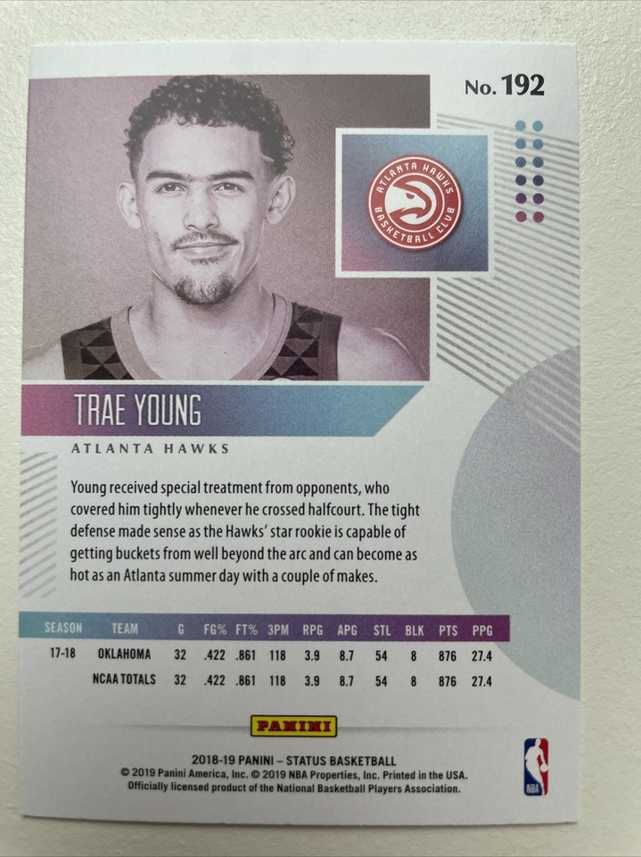 Trae Young Rookie Card RC Status No. 192 2018-19 Atlanta Hawks Purple ...