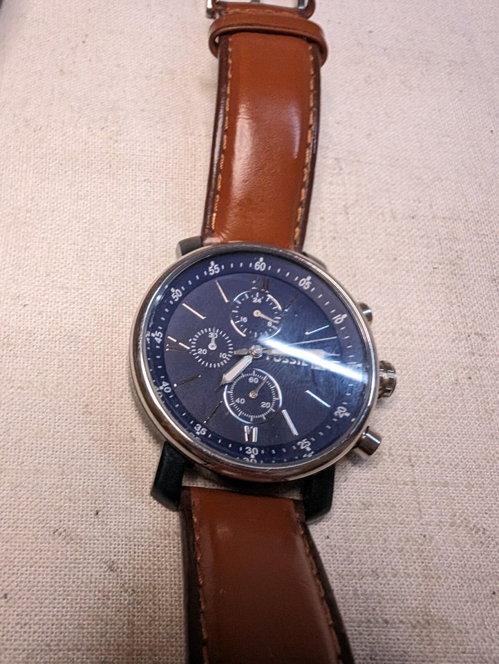 Fossil BQ2163 Rhett Brown Leather Blue Dial Silver Chronograph Watch ...