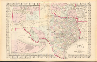 1874 Texas & Galveston Mitchell antique map ~23.9" x 15.2" rare Ziegler ...