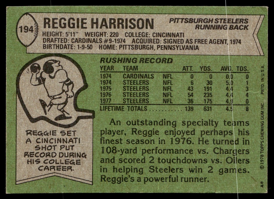 1978 Topps Set Break Reggie Harrison #194 Pittsburgh Steelers | eBay