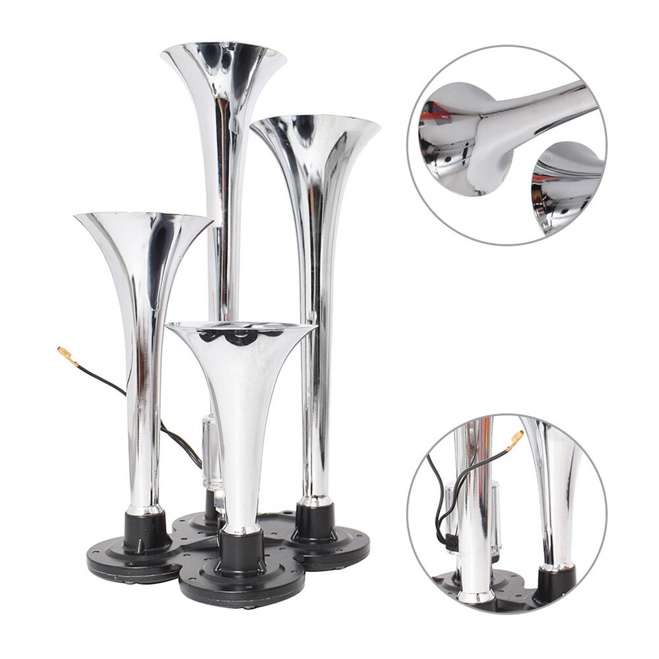 12V HORNS Train Air Horn 4 Trumpets Chrome Plated For Truck/Car Loud ...