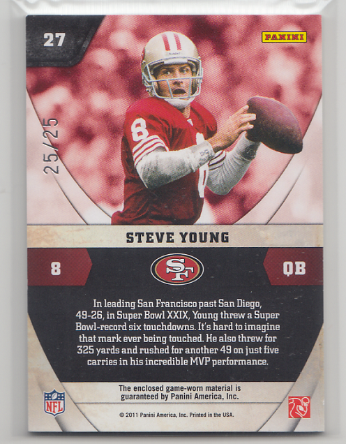 2011 Absolute NFL Icons Game-Worn Patch Steve Young 25/25 1/1 BYU Bucs ...