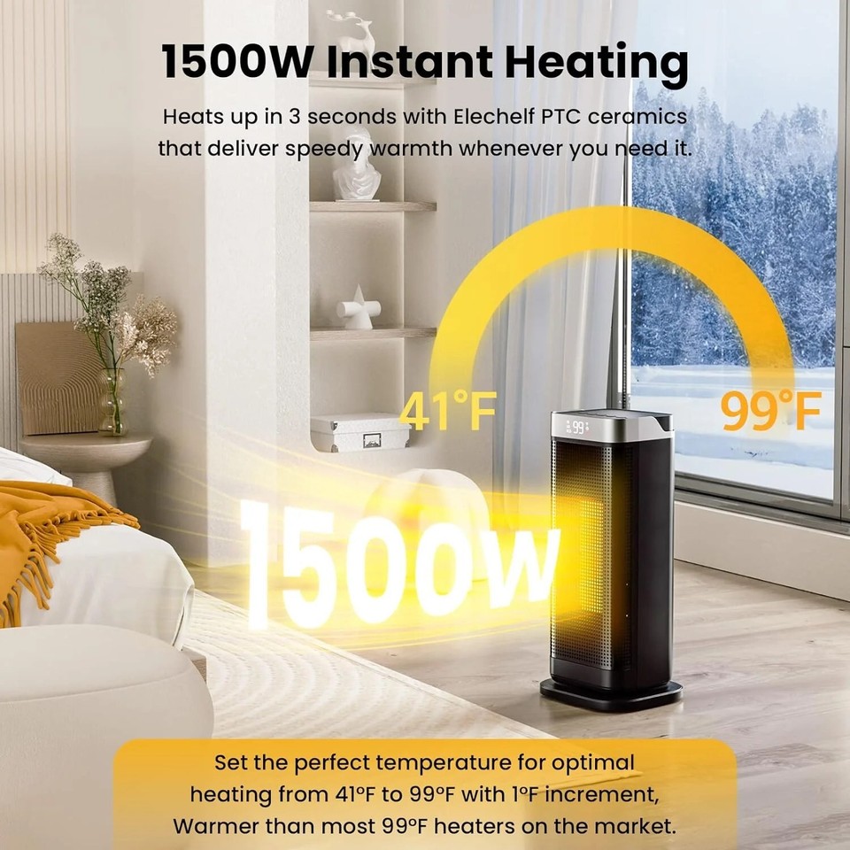 Space Heater, 90°Oscillating 1500W Electric Ceramic Tower Heater with Remote Blk | eBay