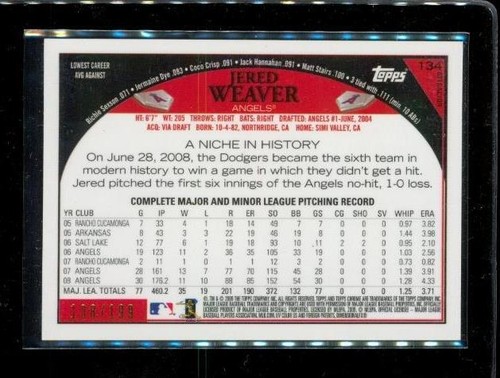 2009 TOPPS CHROME Refractor Baseball Card #134 JARED WEAVER Angels LE ...
