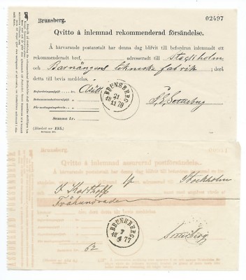 SWEDEN: Lot 2 early postal forms for registered/insured letters 1877+78 ...