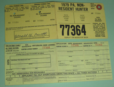 1979 Pennsylvania Matching 2 Piece Non Resident Deer Hunting License ...