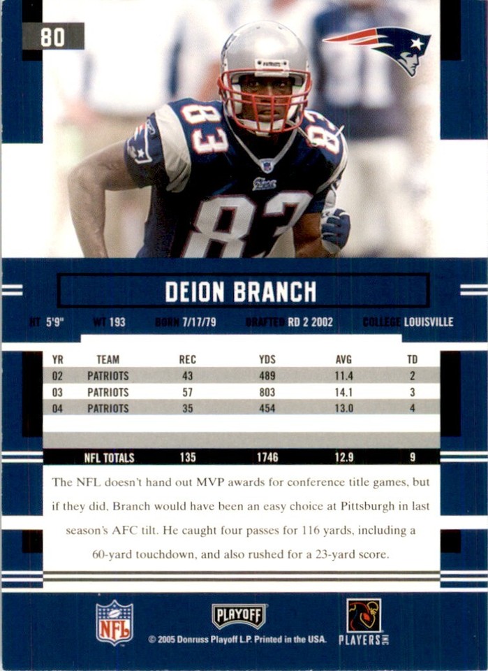 2005 Playoff Prestige Deion Branch New England Patriots #80 NFL ...