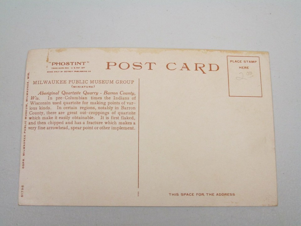 J718 Postcard Milwaukee Museum Aboriginal Quartz Quarry Barron County ...