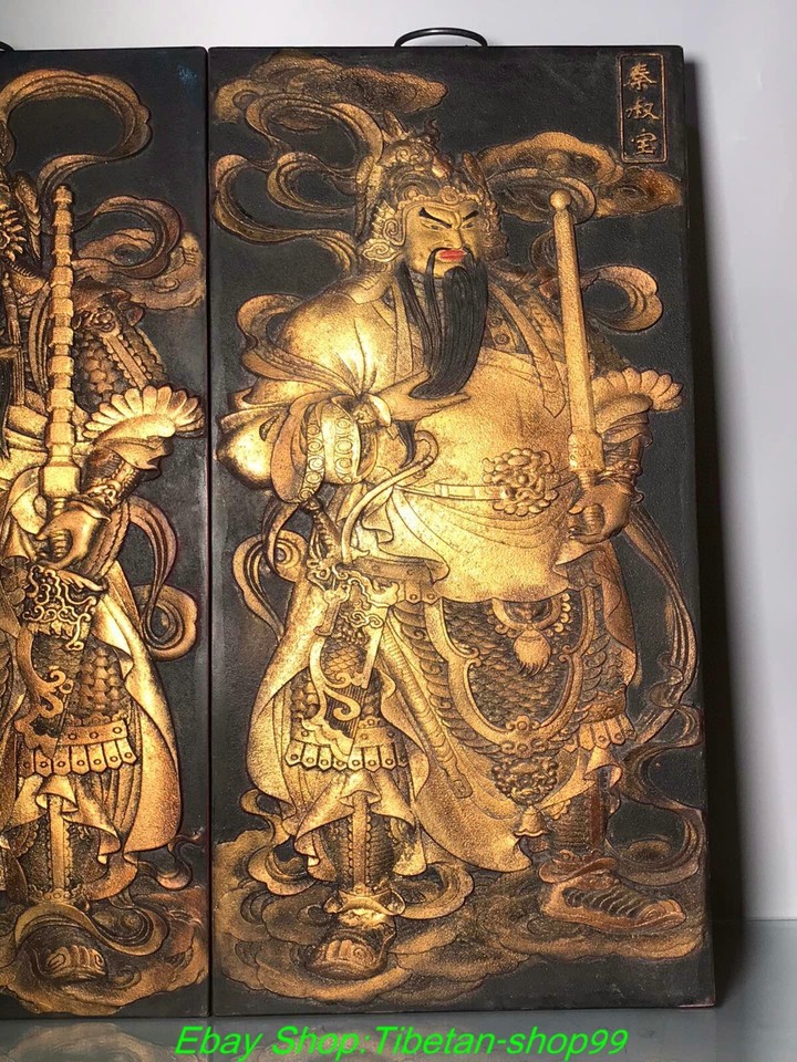 31" Old China Wood Gold Carved QinShubao YuChi Gong Guard Exorcism Door ...