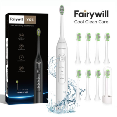 Fairywill Sonic Electric Toothbrush USB Rechargeable 8 Brush Heads 5 ...