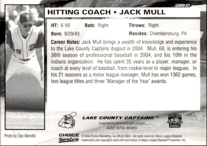 2004 Lake County Captains Choice #27 Jack Mull Chambersburg ...