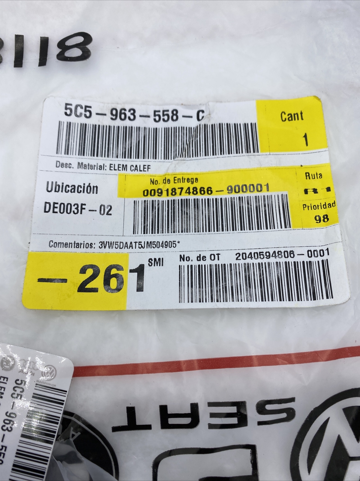 Genuine OEM Volkswagen 5C5-963-558-C Seat Heater Element VW Beatle 2012 ...