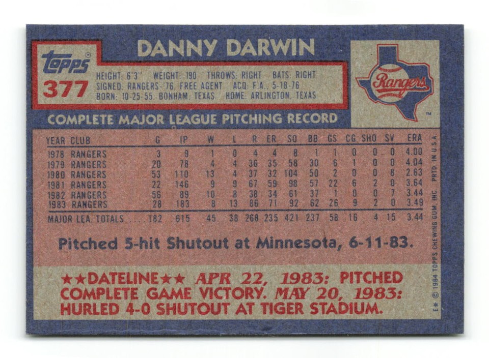 1984 Topps Danny Darwin #377 Texas Rangers Baseball Card | eBay