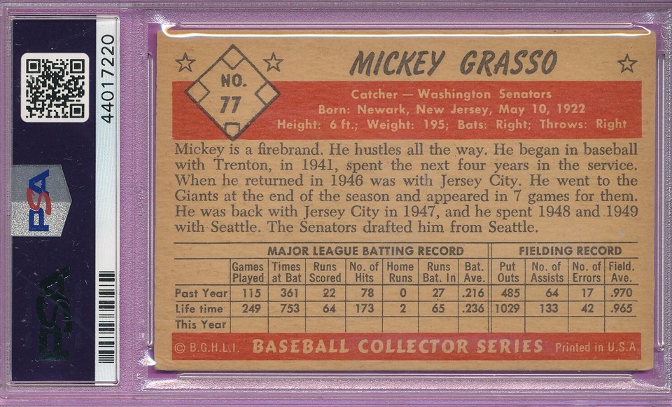 CENTERED PSA 4.5 VG-EX+ MICKEY GRASSO 1953 BOWMAN COLOR #77 GRADED ...