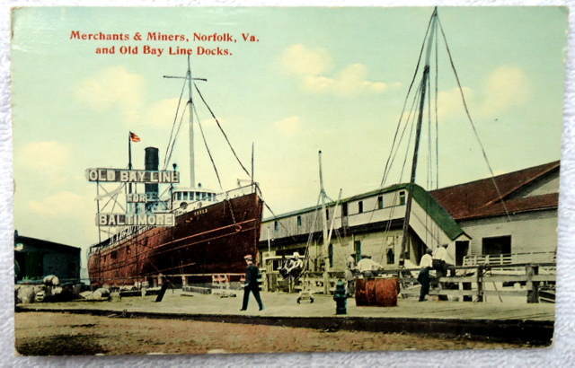 1918 POSTCARD NORFOLK VIRGINIA OLD BAY LINE DOCKS MERCHANTS & MINERS # ...