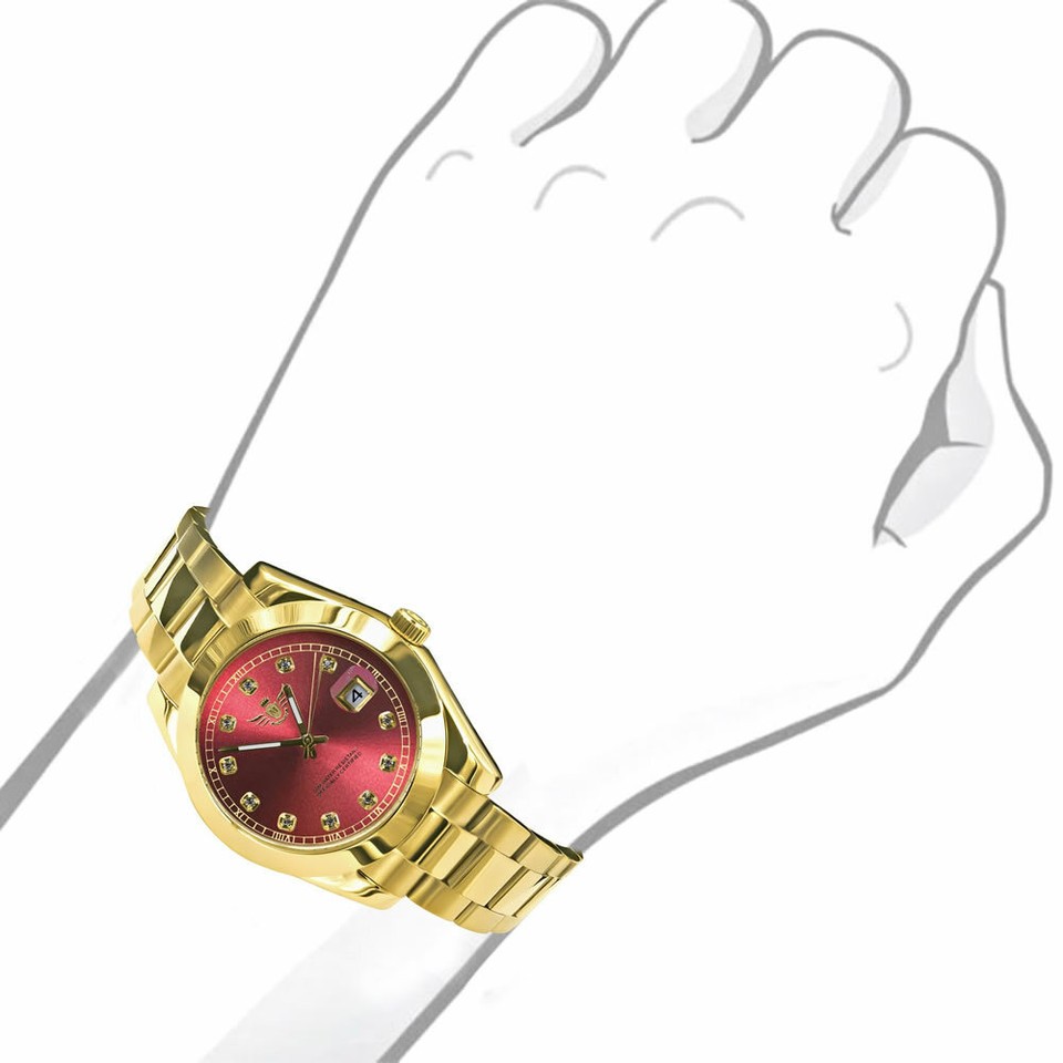 Ruby Red Dial Full Steel 18K Gold Tone Simulated Diamond 40mm Men's ...
