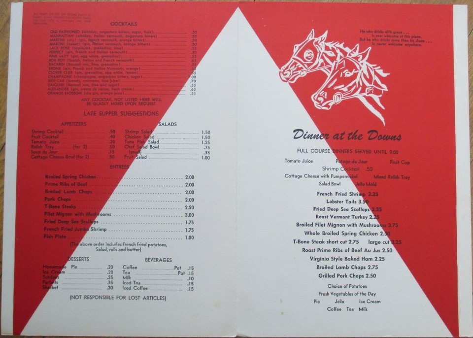 Horse Racing Theme 1940s Restaurant Menu: Orchard Downs - Racetrack ...