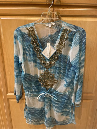 Blue Island Women's Beaded Swimwear Tunic Cover-Up In White/Ocean Color ...