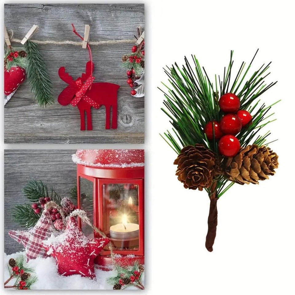 Set of 10 Artificial Christmas Picks - Festive Red Berry Holly Branches ...