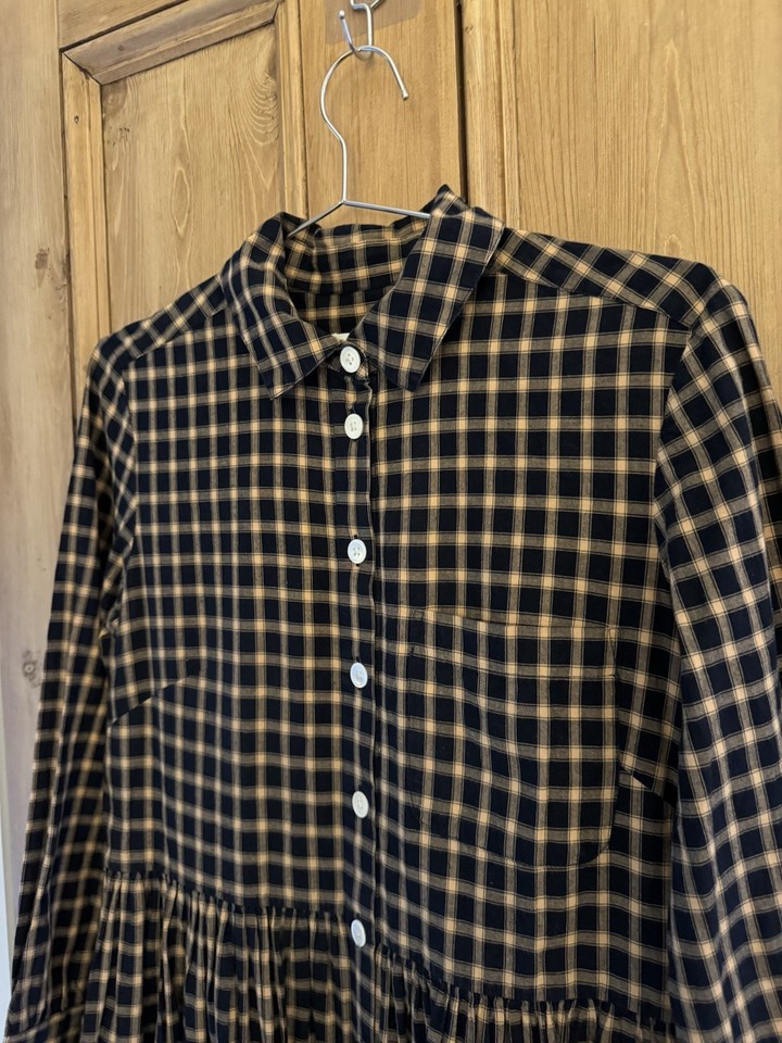 TOAST Japanese Cotton Check Collared Shirt Dress Size UK 10-Dark Navy ...