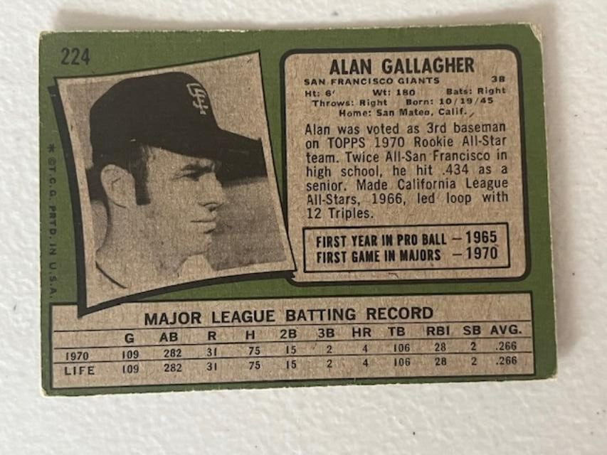 1971 Topps Set-Break #224 Alan Gallagher EX SHIPS FREE! | eBay