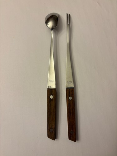 Vtg Stainless Barrett's Half Spoon and Fork w Wood Handle Japan Mid ...