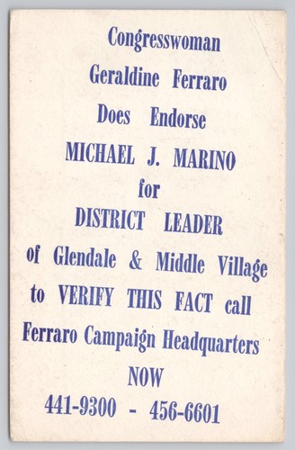 Vintage Geraldine Ferraro Endorses Michael J. Marino Political Postcard ...