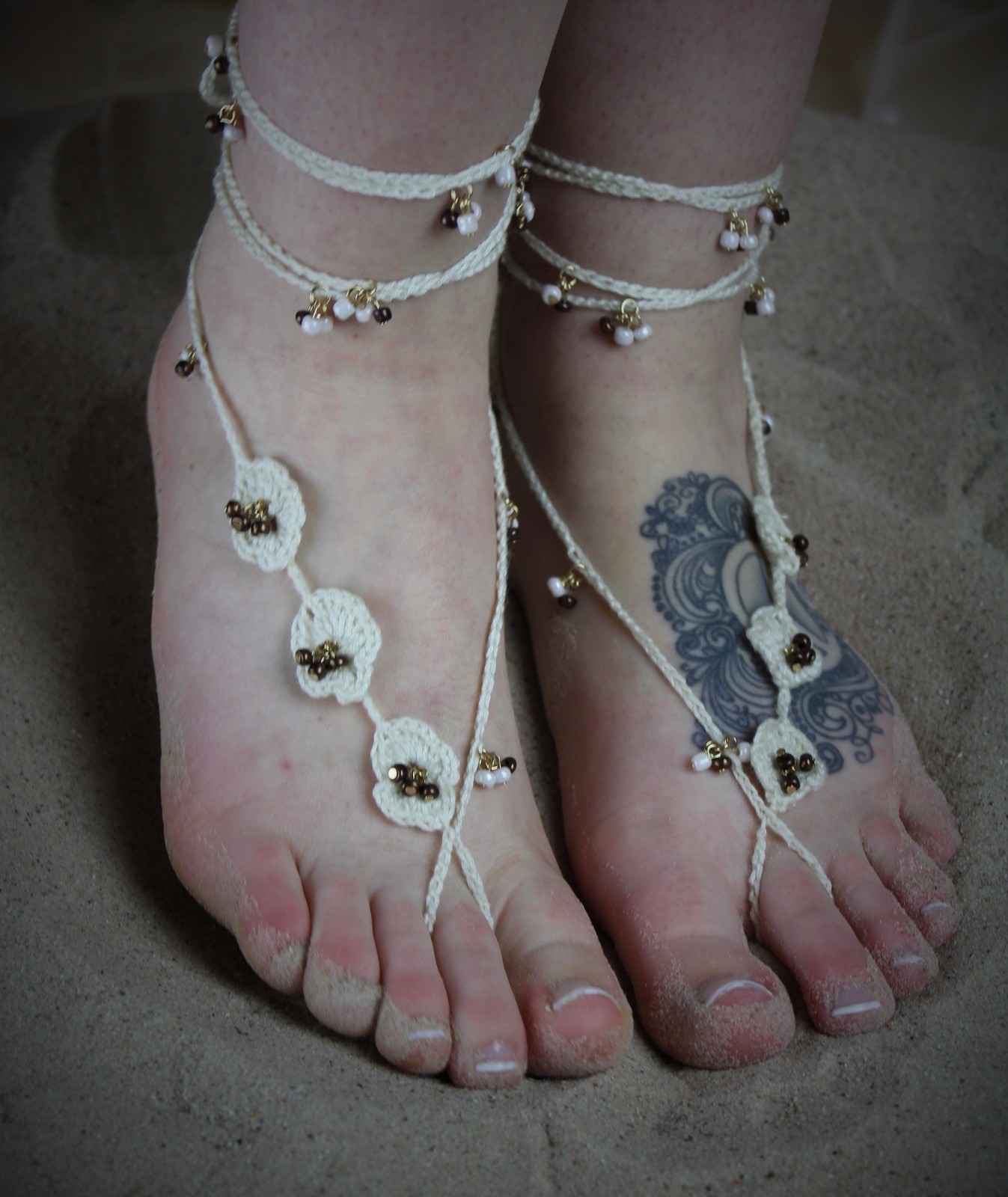Crochet Gold Beaded Barefoot Sandals Foot Chains Anklet Toe Ring- TQ or ...